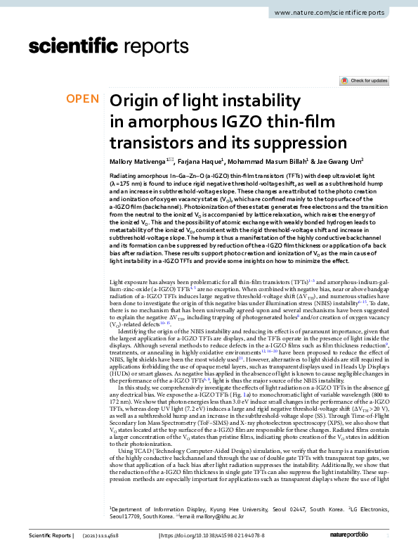 (PDF) Origin of light instability in amorphous IGZO thin-film transistors and its suppression