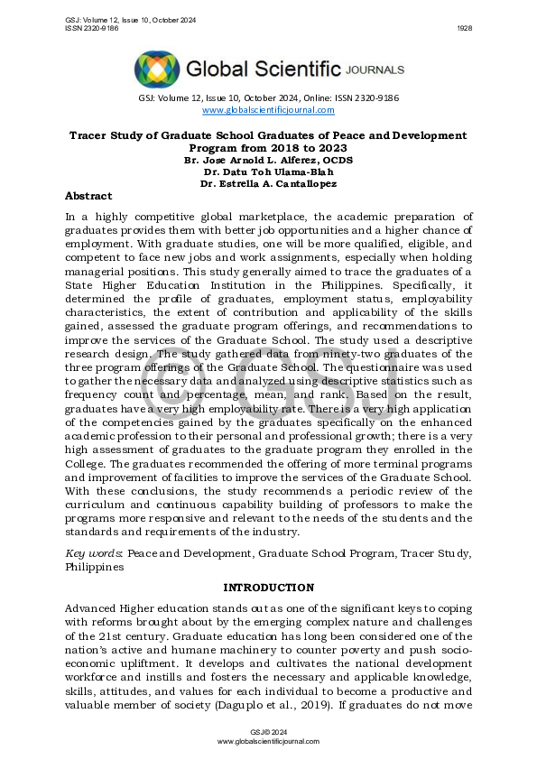 (PDF) Tracer Study of Graduate School Graduates of Peace and ...