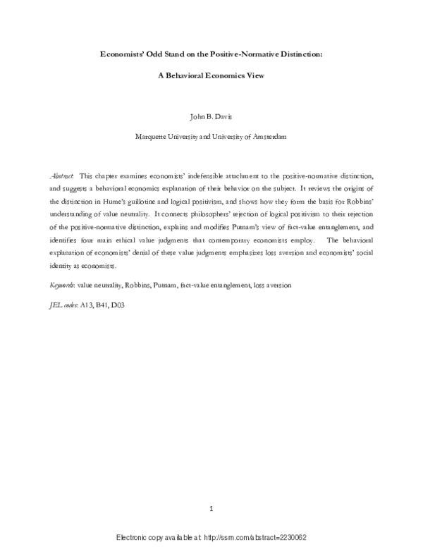 (PDF) Economists’ Odd Stand on the Positive-Normative Distinction: A ...