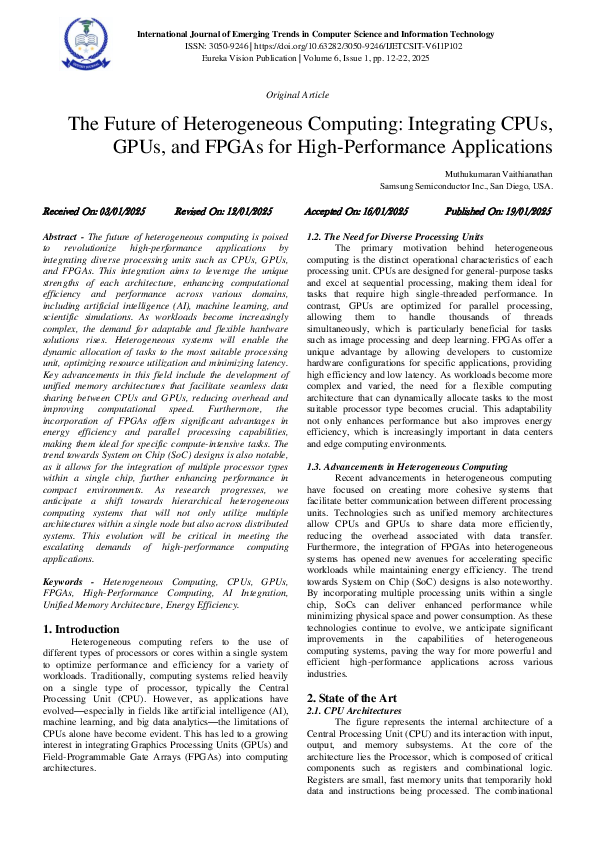 (PDF) The Future of Heterogeneous Computing: Integrating CPUs, GPUs, and FPGAs for High ...