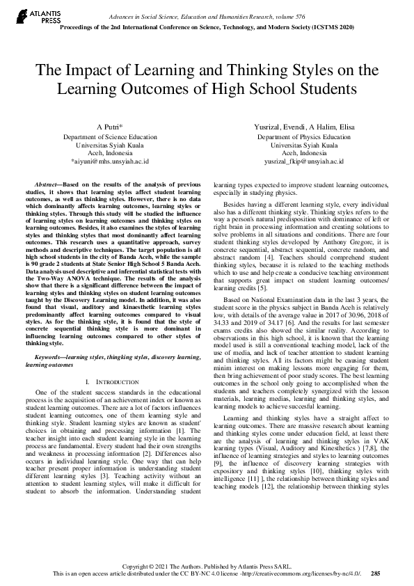 (PDF) The Impact of Learning and Thinking Styles on the Learning ...
