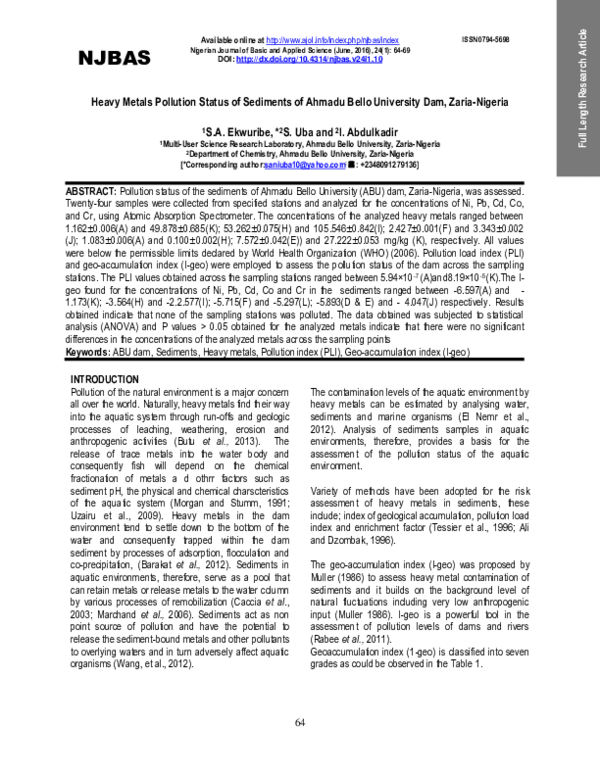 (PDF) Heavy Metals Pollution Status of Sediments of Ahmadu Bello ...