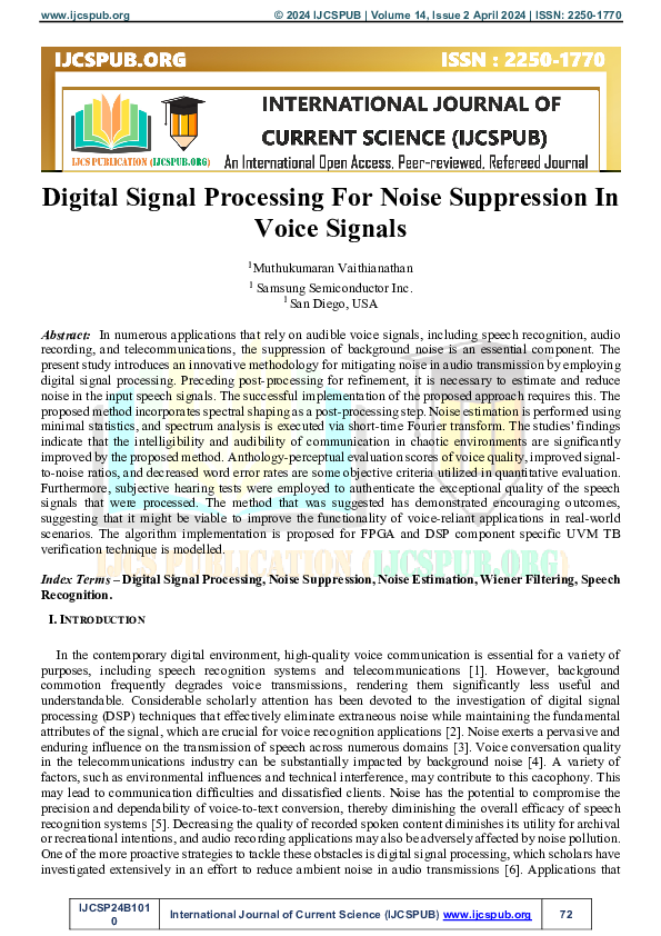 (PDF) Digital Signal Processing For Noise Suppression In Voice Signals