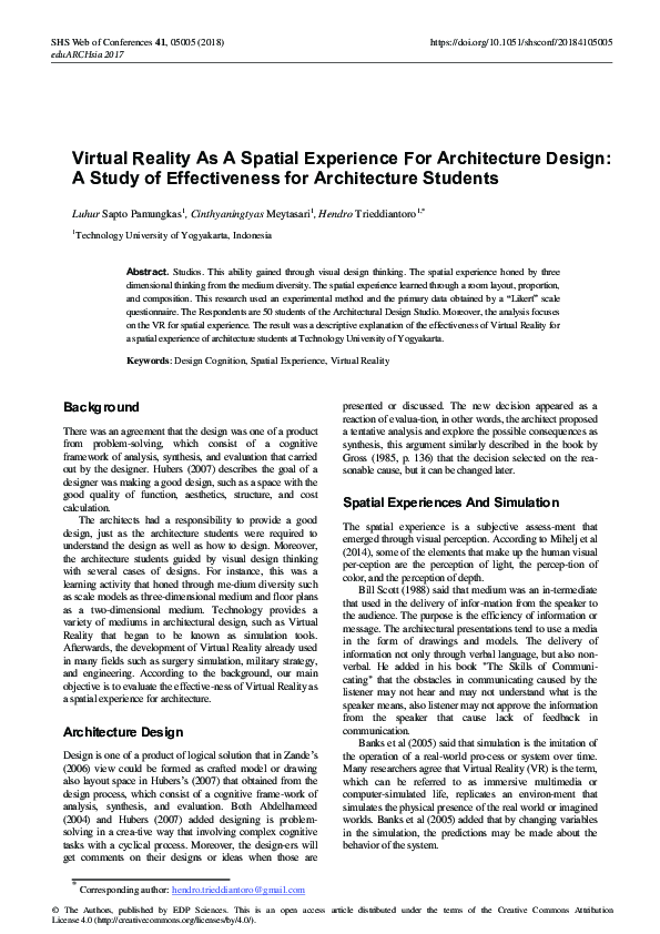 (PDF) Virtual Reality As A Spatial Experience For Architecture Design ...