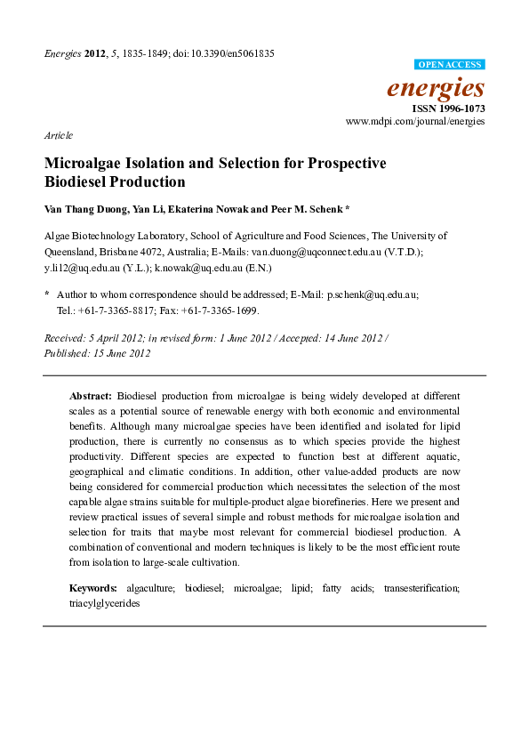 (PDF) Microalgae Isolation and Selection for Prospective Biodiesel Production