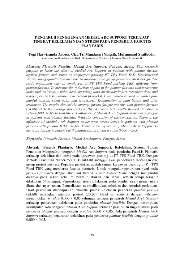 (PDF) Pengaruh Penggunaan Medial Arc Support Terhadap Tingkat Kelelahan Dan Stress Pada ...