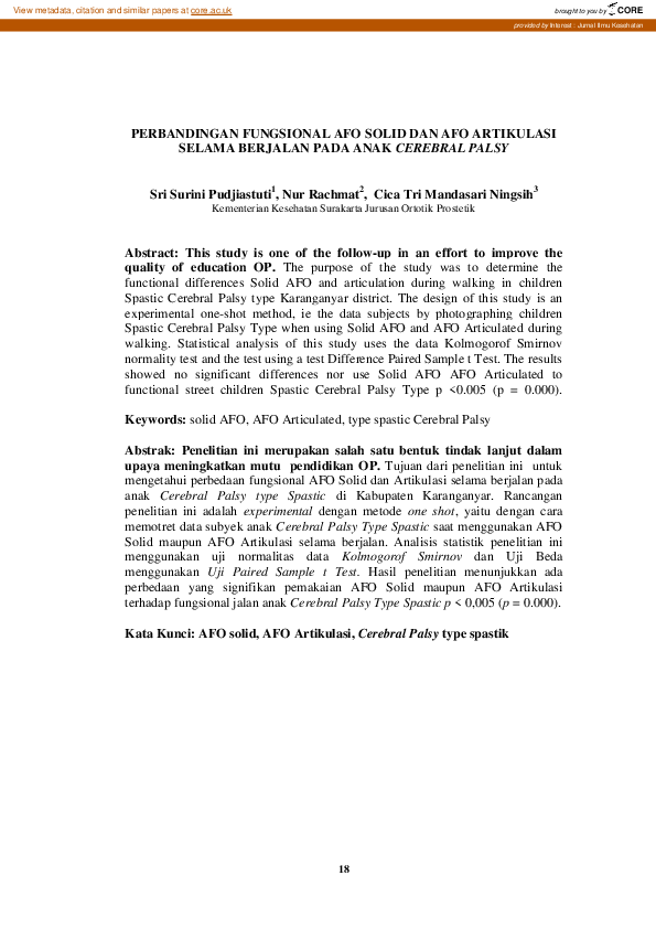 (PDF) Perbandingan Fungsional Afo Solid Dan Afo Artikulasi Selama Berjalan Pada Anak Cerebral Palsy