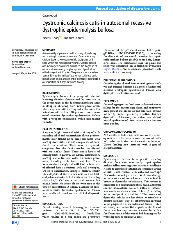 (PDF) Dystrophic calcinosis cutis in autosomal recessive dystrophic ...