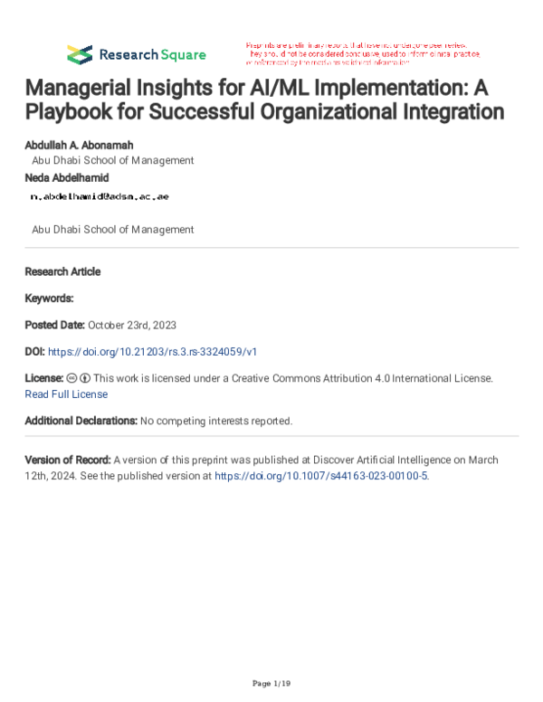 (PDF) Managerial Insights for AI/ML Implementation: A Playbook for Successful Organizational ...