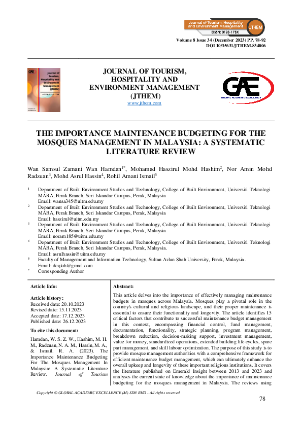 (PDF) The Importance Maintenance Budgeting for the Mosques Management in Malaysia: A Systematic ...