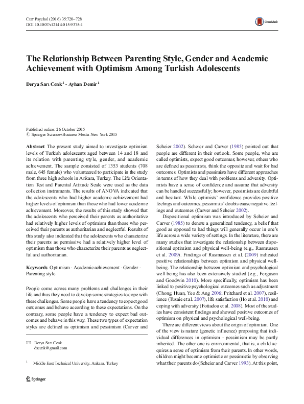(PDF) The Relationship Between Parenting Style, Gender and Academic Achievement with Optimism ...