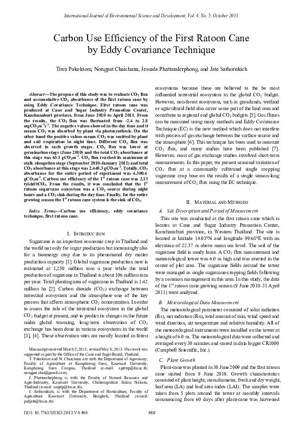(PDF) Carbon Use Efficiency of the First Ratoon Cane by Eddy Covariance ...