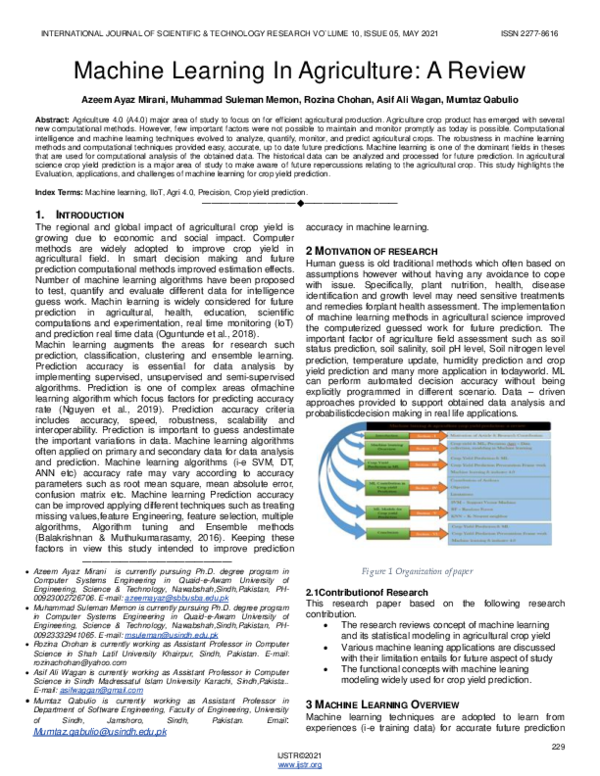 (PDF) Machine Learning In Agriculture: A Review