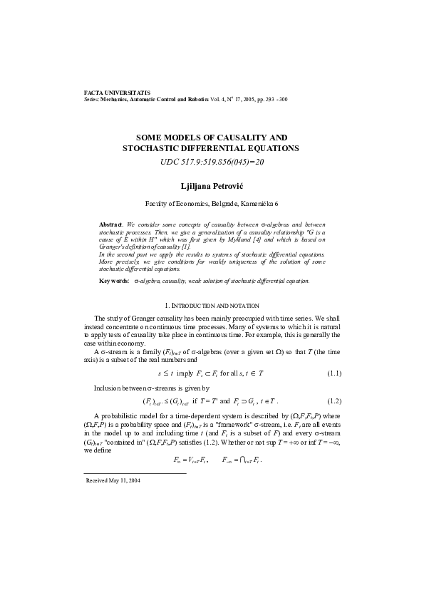 (PDF) Some models of causality and stochastic differential equations