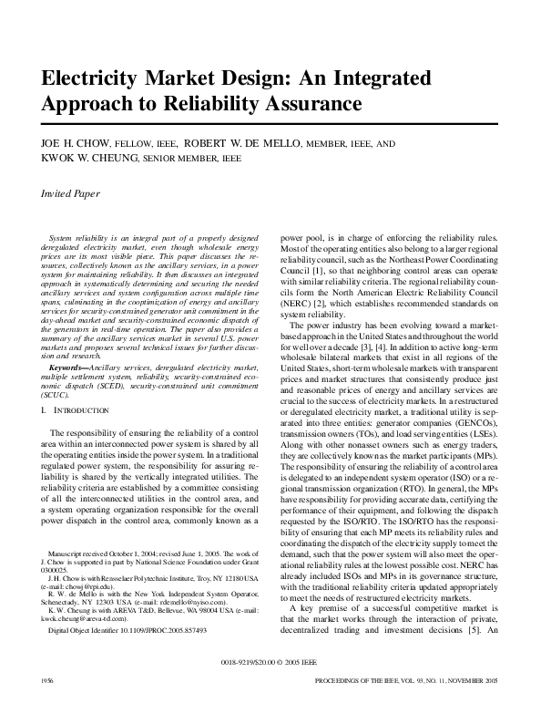 (PDF) Electricity Market Design: An Integrated Approach to Reliability ...