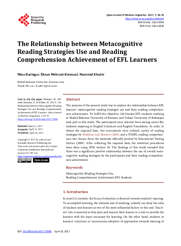 (PDF) The Relationship between Metacognitive Reading Strategies Use and ...