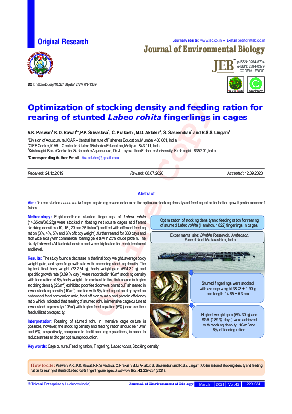 (PDF) Optimization of stocking density and feeding ration for rearing ...