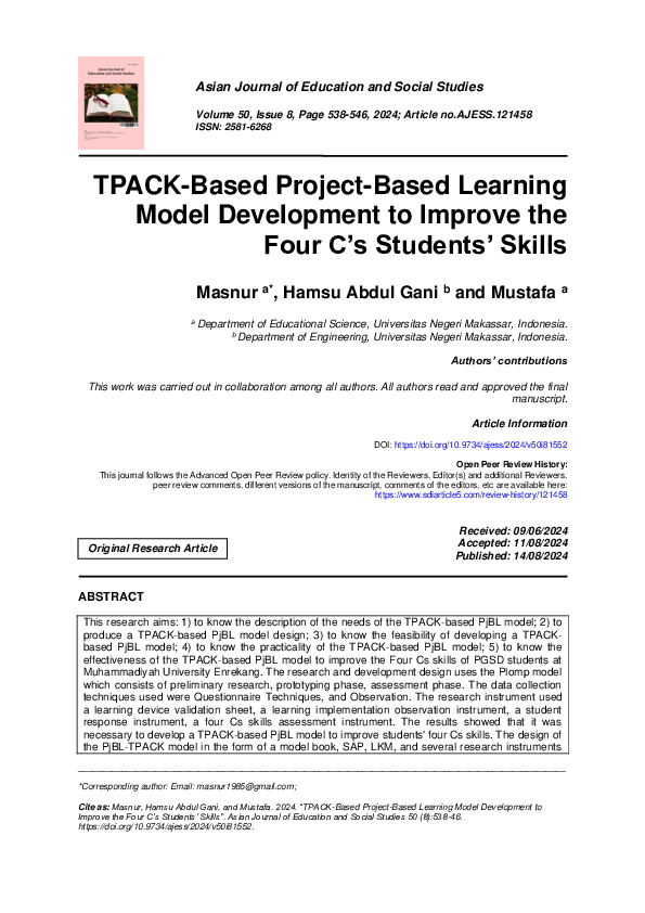 (PDF) TPACK-Based Project-Based Learning Model Development to Improve the Four C's Students' Skills