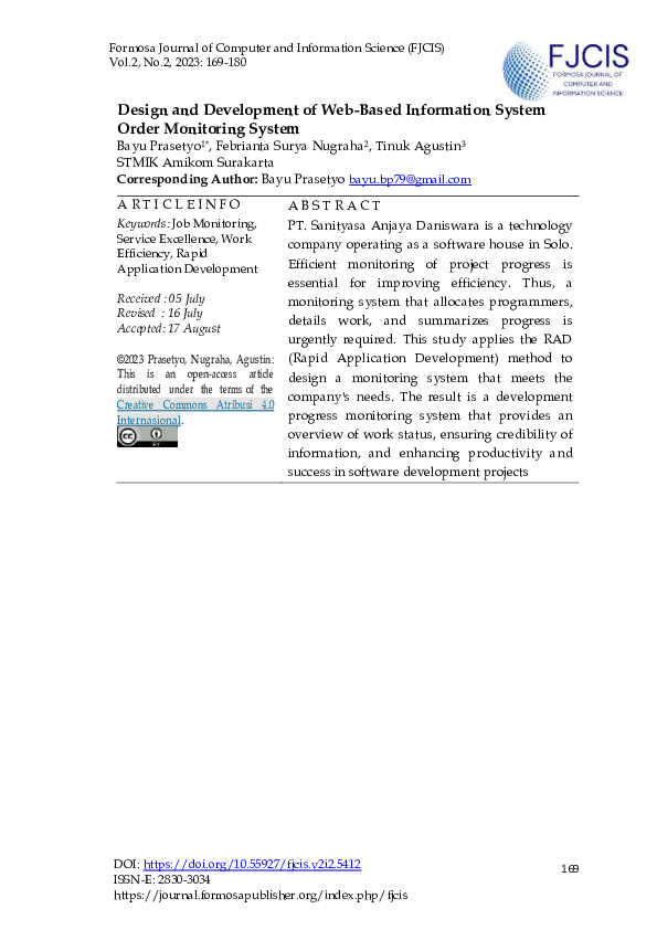 (PDF) Design and Development of Web-Based Information System Order Monitoring System