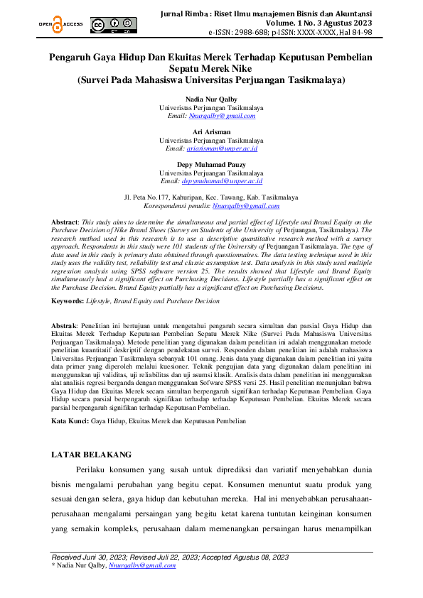 (PDF) Pengaruh Gaya Hidup Dan Ekuitas Merek Terhadap Keputusan Pembelian Sepatu Merek Nike ...