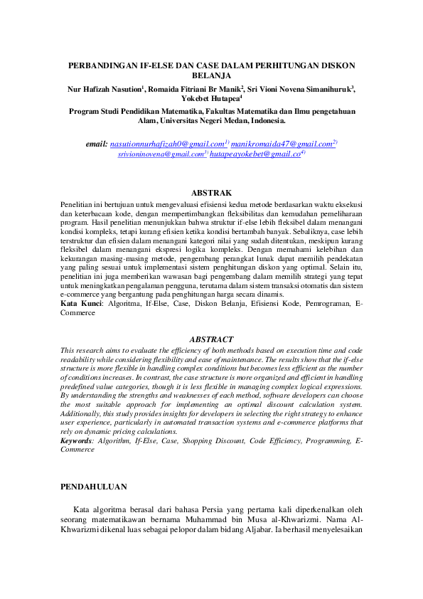 (PDF) PERBANDINGAN IF-ELSE DAN CASE DALAM PERHITUNGAN DISKON BELANJA