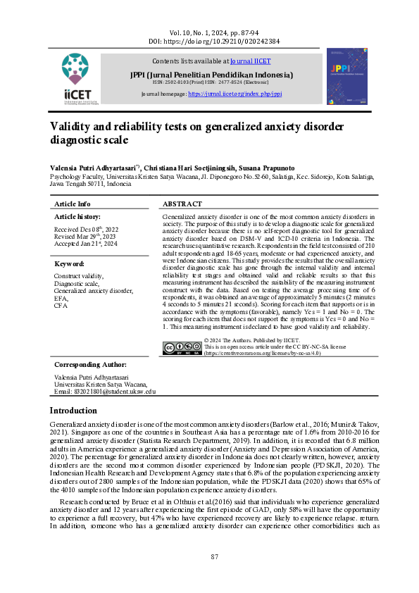 (PDF) Validity and Reliability Tests on Generalised Anxiety Disorder ...