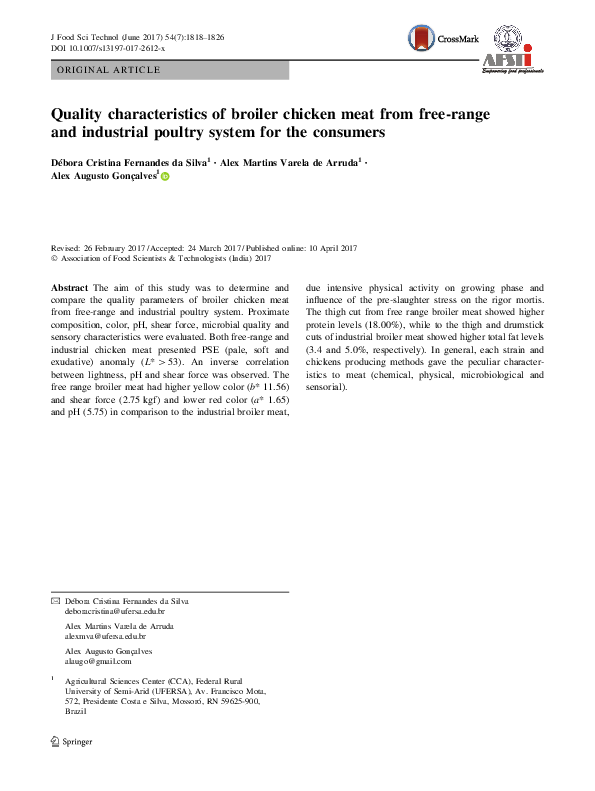 (PDF) Quality characteristics of broiler chicken meat from free-range ...