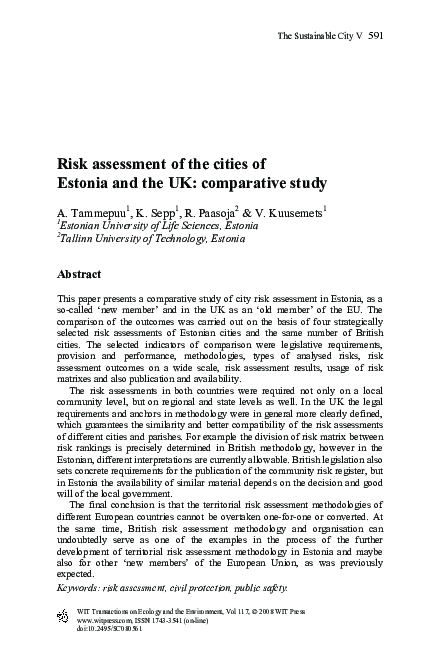 (PDF) Risk assessment of the cities of Estonia and the UK: comparative ...