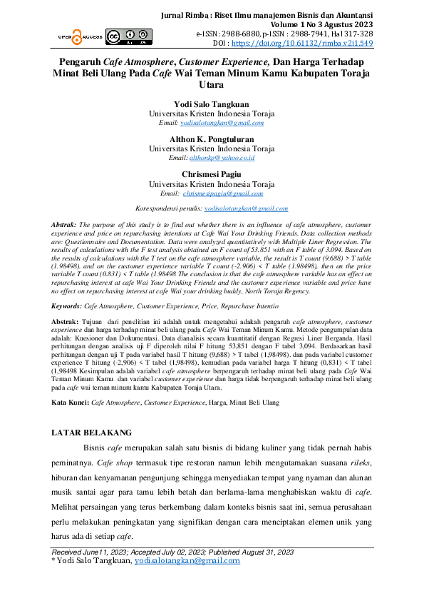 (PDF) Pengaruh Cafe Atmosphere, Customer Experience, Dan HargaTerhadap Minat Beli Ulang Pada ...
