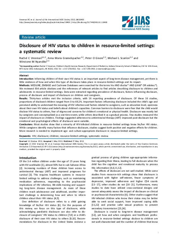 (PDF) Disclosure of HIV status to children in resource‐limited settings ...