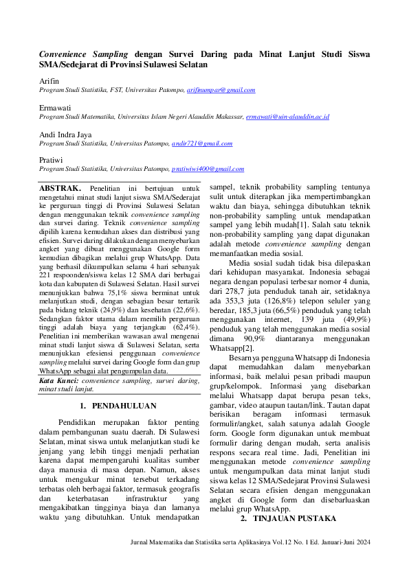(PDF) Convenience Sampling dengan Survei Daring pada Minat Lanjut Studi Siswa SMA/Sedejarat di ...