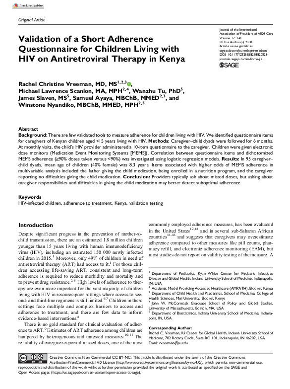 (PDF) Validation of a Short Adherence Questionnaire for Children Living ...