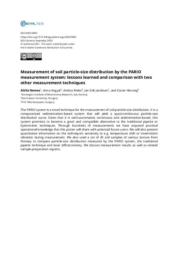 (PDF) Measurement of soil particle-size distribution by the PARIO measurement system: lessons ...