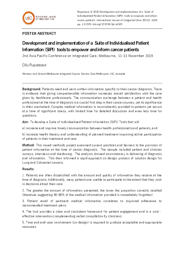 Development and implementation of a Suite of Individualised Patient ...