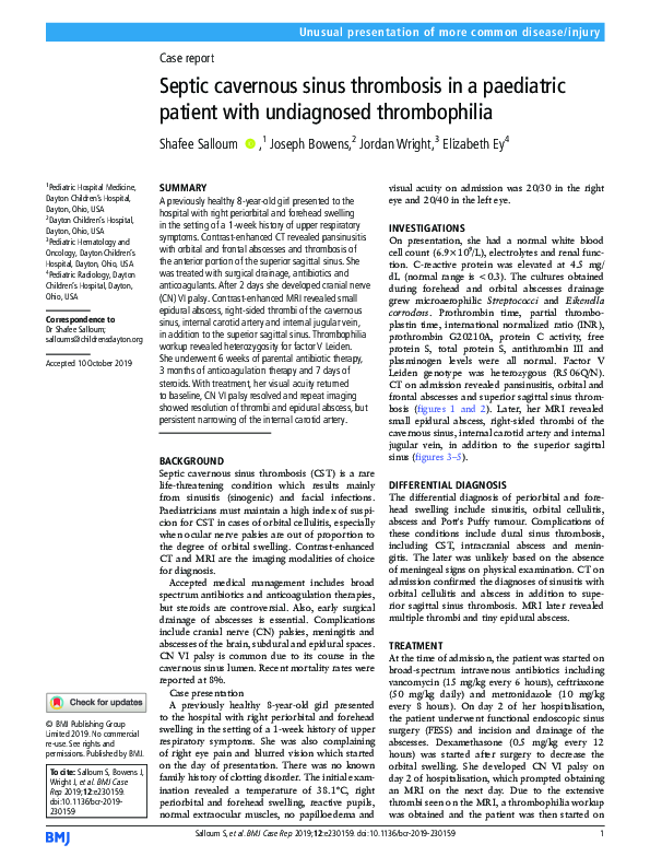 (PDF) Septic cavernous sinus thrombosis in a paediatric patient with ...