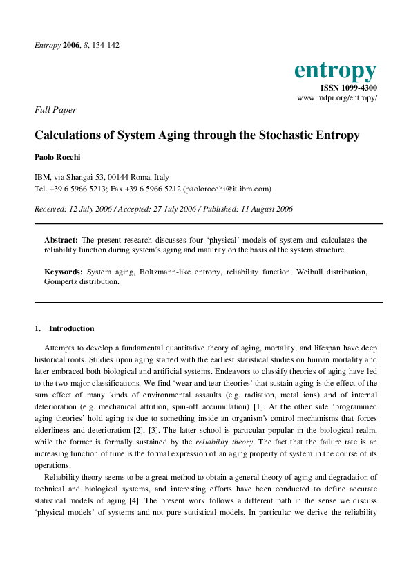 (PDF) Calculations of System Aging through the Stochastic Entropy