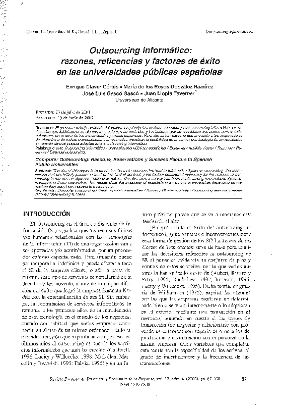 (PDF) Outsourcing informático: razones, reticencias y factores de éxito ...