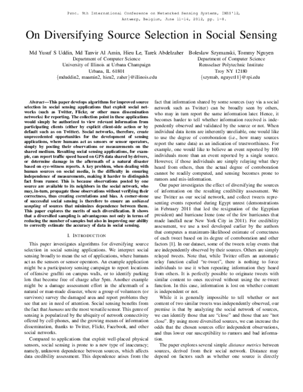 (PDF) On diversifying source selection in social sensing