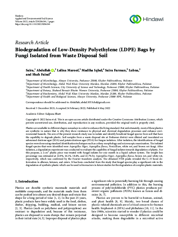 (PDF) Biodegradation of Low-Density Polyethylene (LDPE) Bags by Fungi Isolated from Waste ...