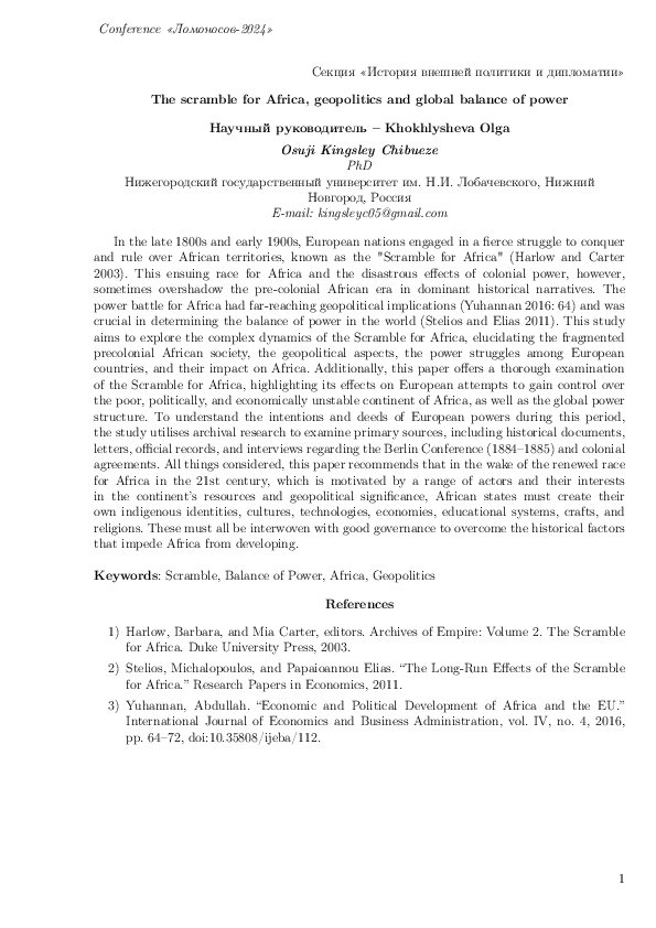 (PDF) The Scramble for Africa, Geopolitics, and Global Balance of Power