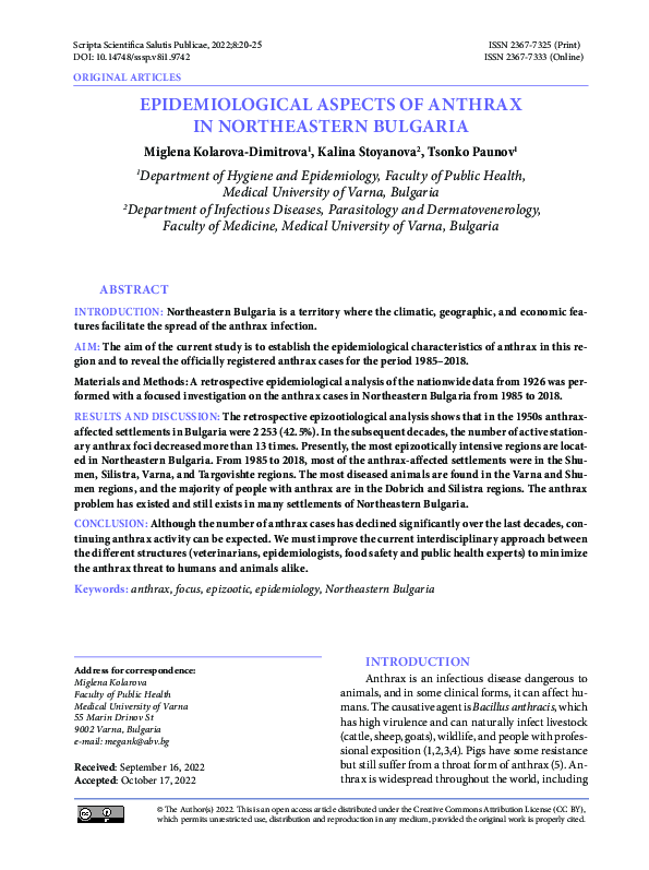 (PDF) EPIDEMIOLOGICAL ASPECTS OF ANTHRAX IN NORTHEASTERN BULGARIA