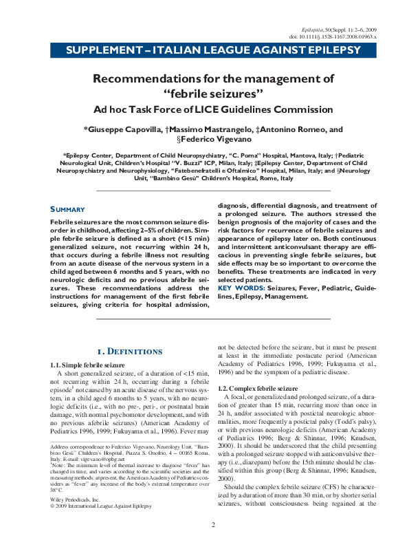 (PDF) Recommendations for the management of “febrile seizures” Ad hoc ...