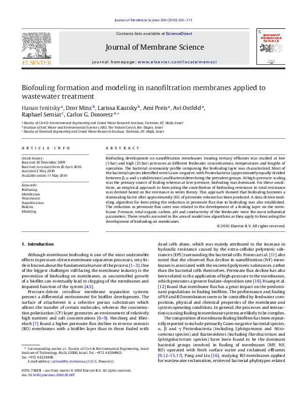 (PDF) Biofouling formation and modeling in nanofiltration membranes ...