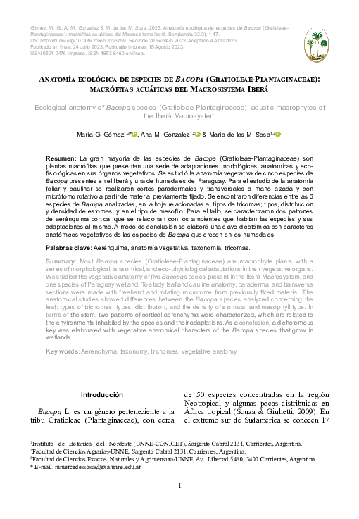 Anatomía ecológica de especies de Bacopa (Gratioleae-Plantaginaceae ...