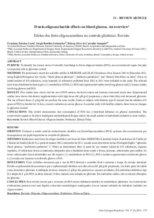 (PDF) Fructo-oligosaccharide effects on blood glucose: an overview