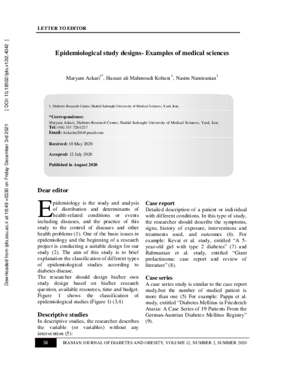 (PDF) Epidemiological study designs- Examples of medical sciences