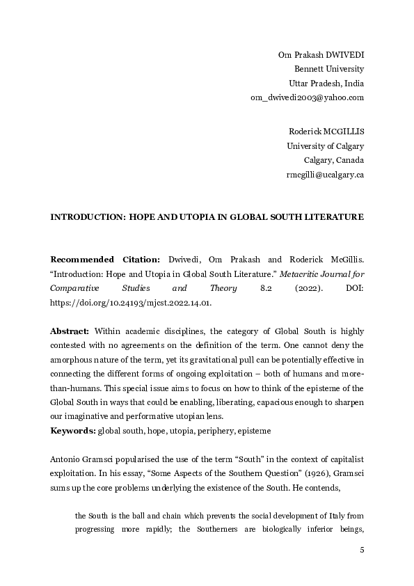 (PDF) Introduction: Hope and Utopia in Global South Literature
