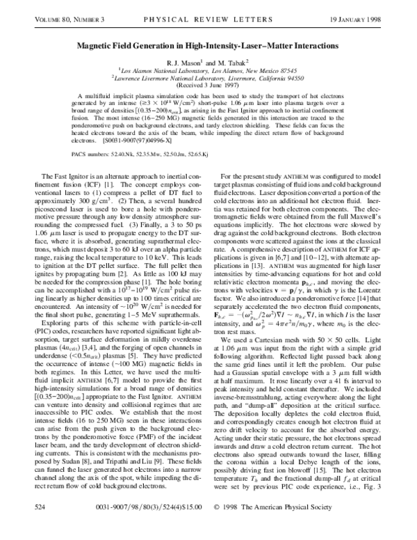 (PDF) Magnetic Field Generation in High-Intensity-Laser–Matter Interactions