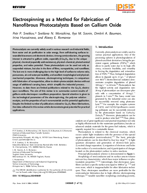 (PDF) Electrospinning as a Method for Fabrication of Nanofibrous Photocatalysts Based on Gallium ...