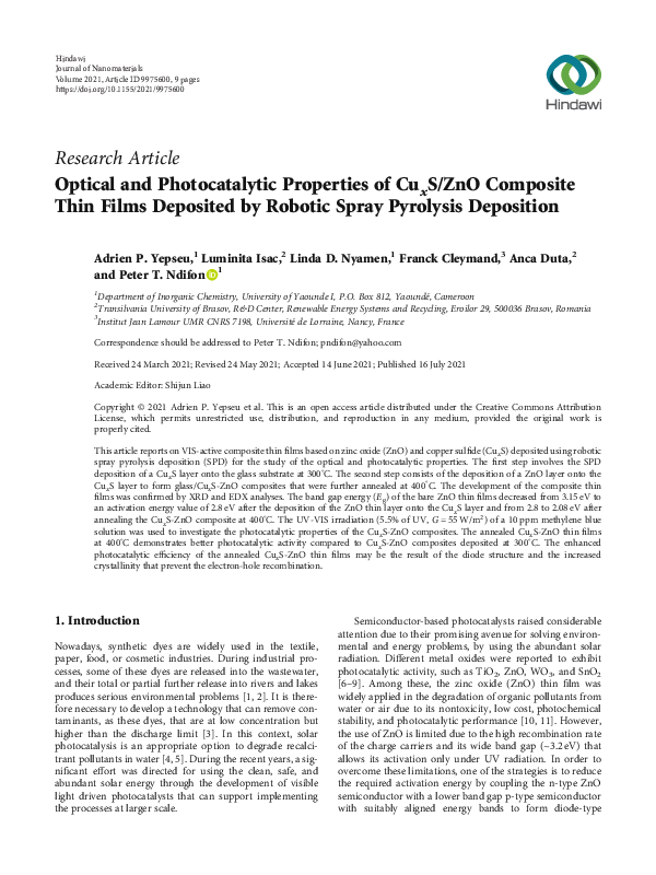 (PDF) Optical and Photocatalytic Properties of CuxS/ZnO Composite Thin ...